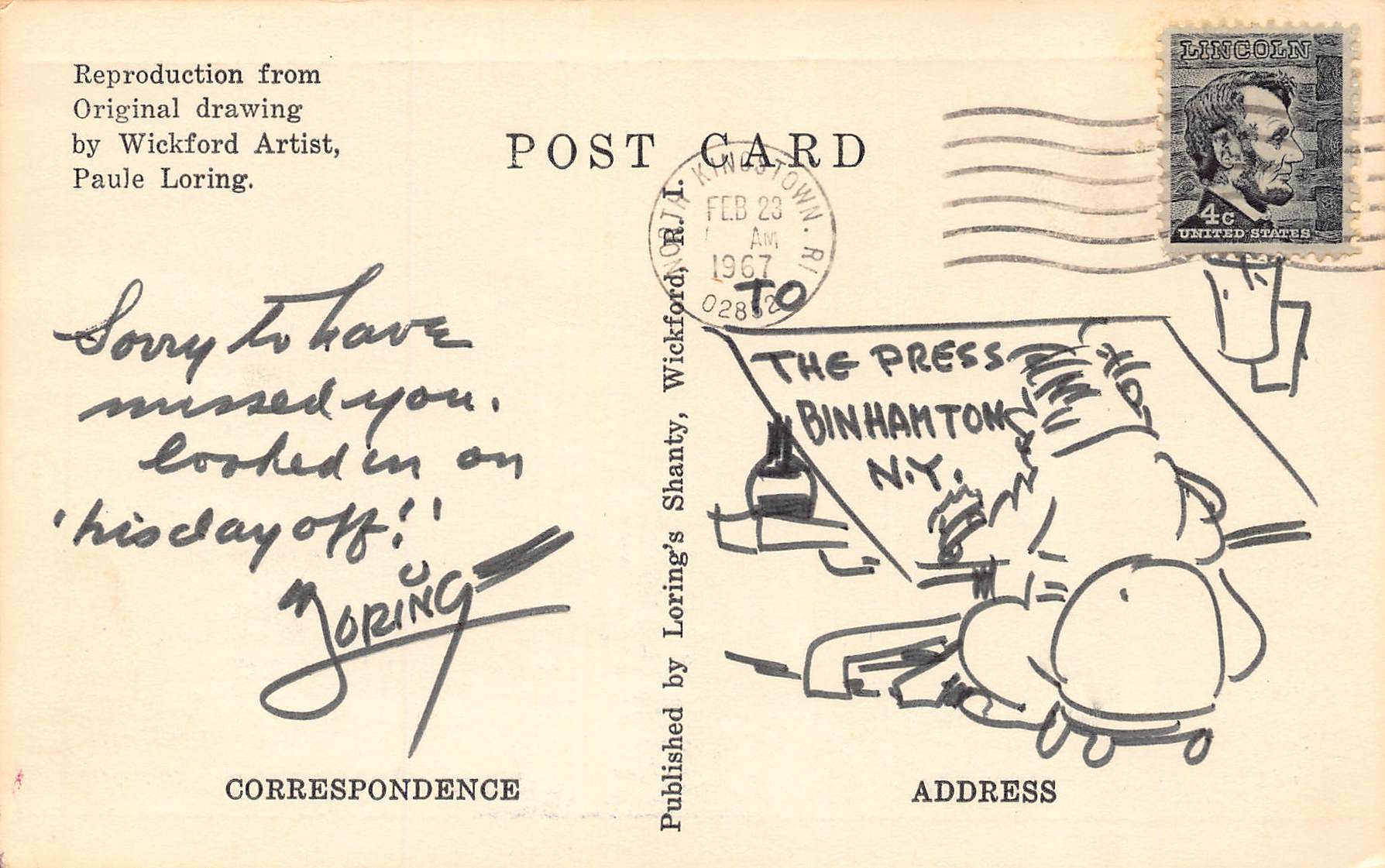 Paule Loring Political Cartoonist Original Artist Signed Postcard 1967 ...