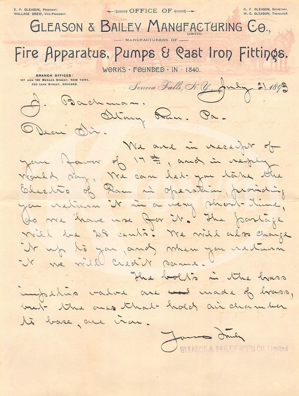 Gleason Bailey Fire Pumps Seneca Falls NY Antique Advertising Letter 1 ...