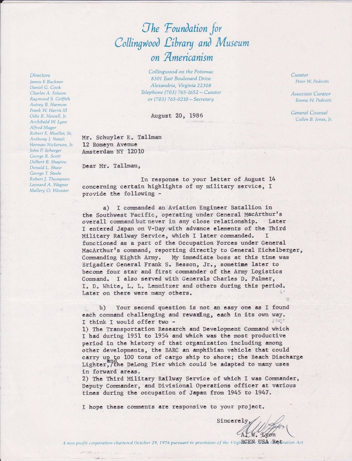 WWII General Archibald Lyon Original Autograph Signed Military Letter ...
