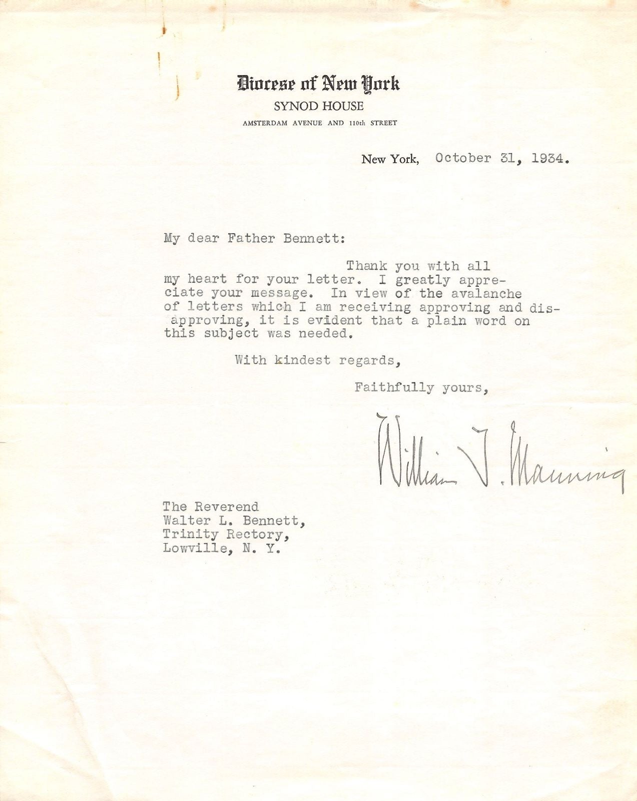 William Manning Diocese of New York Autograph Signed Synod House Lette ...