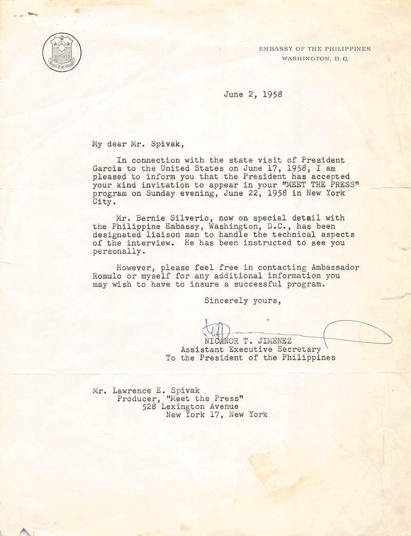 Nicanor Jimenez Philippines Ambassador Autograph Signed Washington DC ...