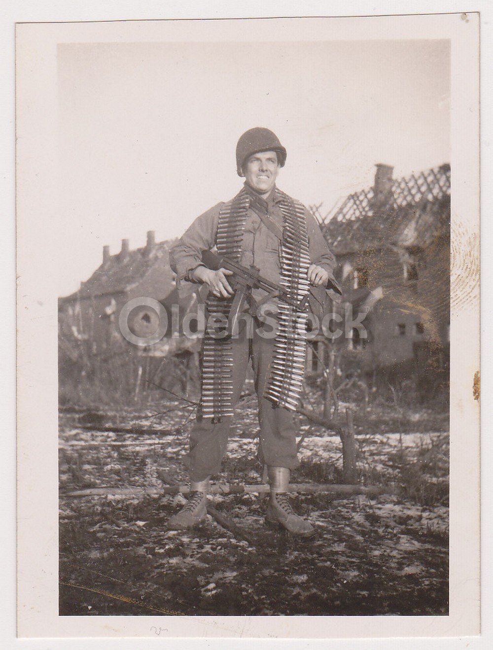 American GI in Macho Rambo Machine Gun Pose Vintage WWII Snapshot Phot ...