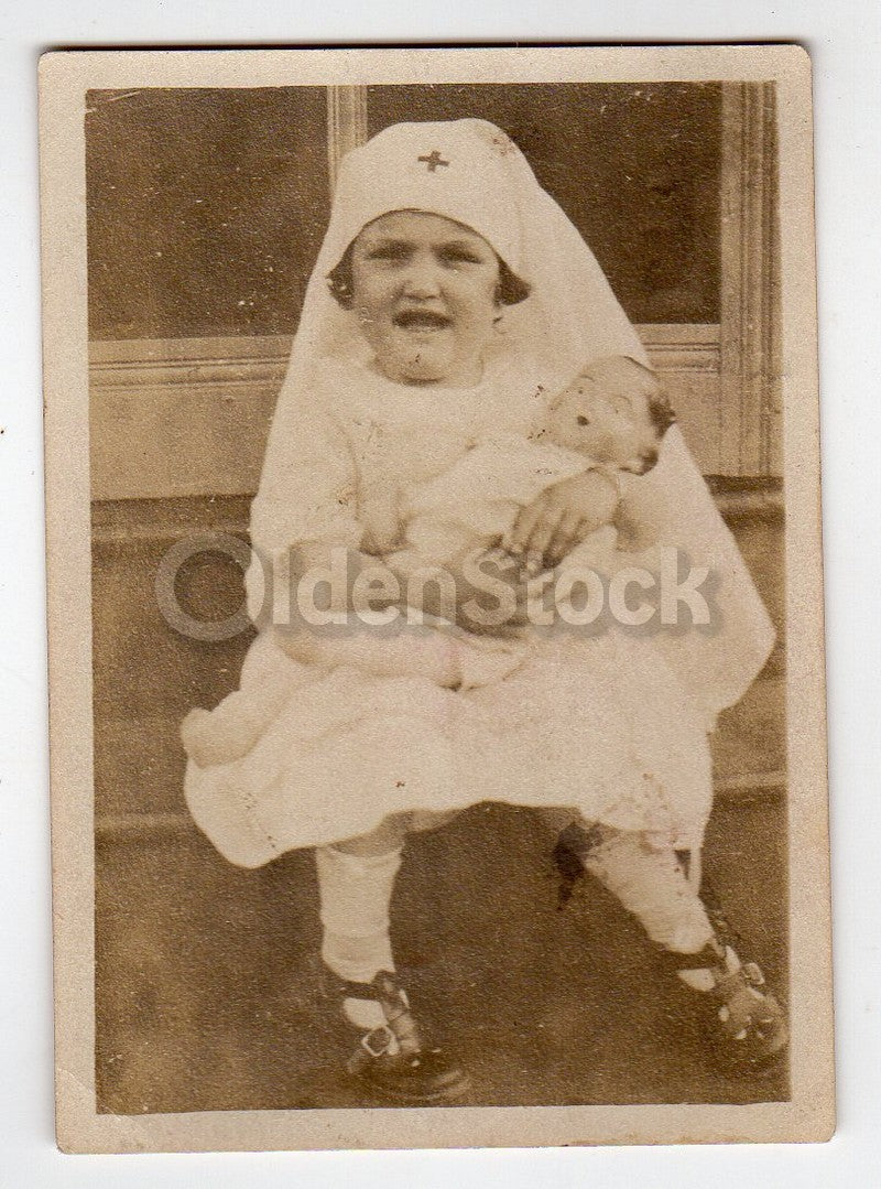 Cute Little Red Cross Girl and Her Composition Doll Antique WWI Snapsh ...