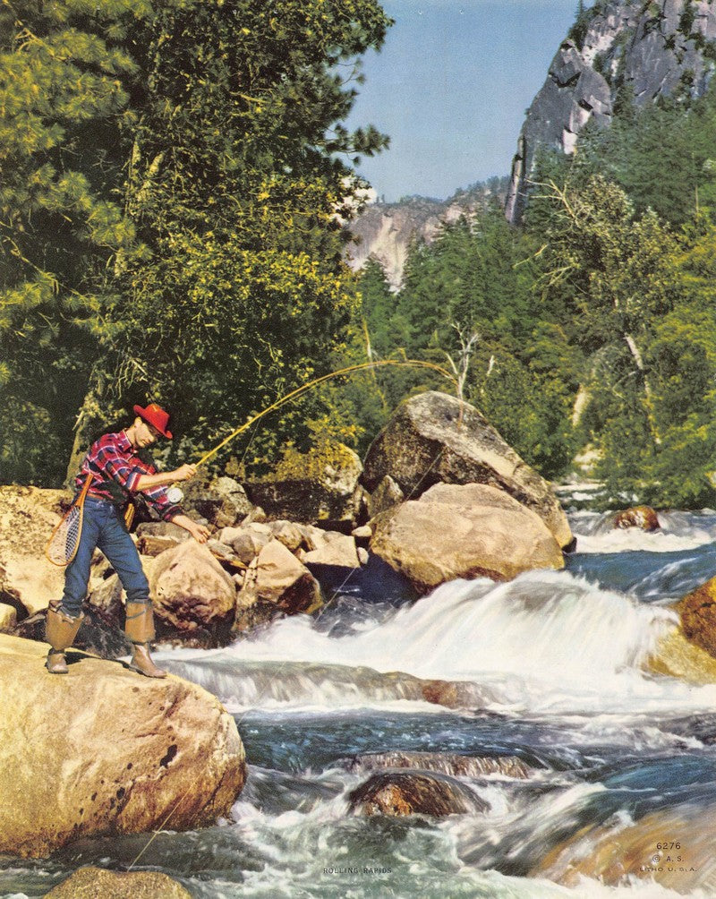Rolling Rapids Fly Fishing Scene Vintage Embossed Litho Print 1940s ...